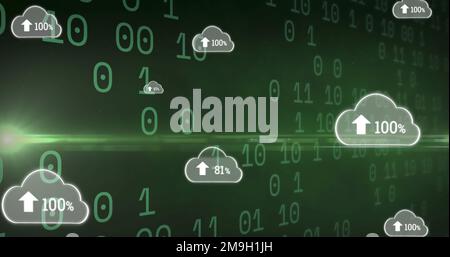 Image of clouds with uploading over binary code on green background ...