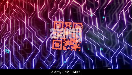 Composition of qr code over neon shapes and data processing on black background Stock Photo - Alamy