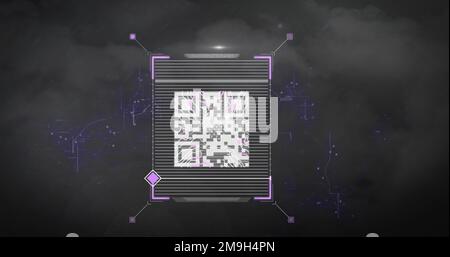 Composition of data processing with qr code and finger on black background Stock Photo - Alamy