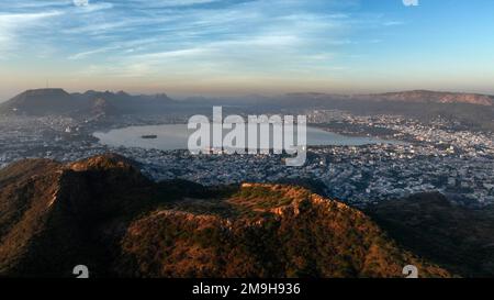 A morning aerial view of Ana sagar lake in historical Ajmer City ...