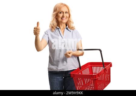 shopping woman with thumbs up isolated on a white background Stock ...