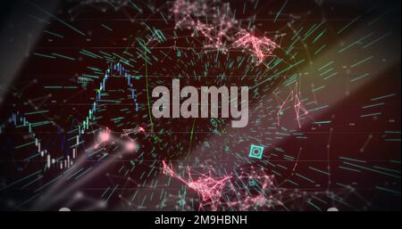 Image of flickering qr code over network of connections and neon lights ...