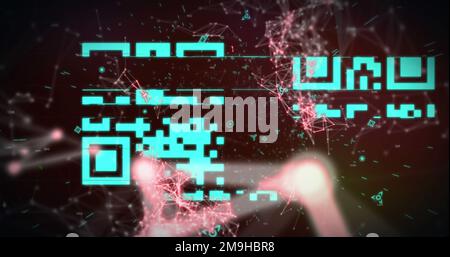 Image of flickering qr code over network of connections and neon lights ...