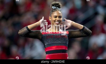 Utah gymnast Jaedyn Rucker performs her floor routine during an NCAA ...