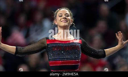 Utah gymnast Jaylene Gilstrap performs her floor routine during an NCAA ...