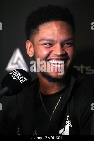 Boxer Matty Harris being interviewed during a public workout at The ...
