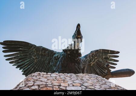 Turul monument photographed from below with sun rays, one of the ...