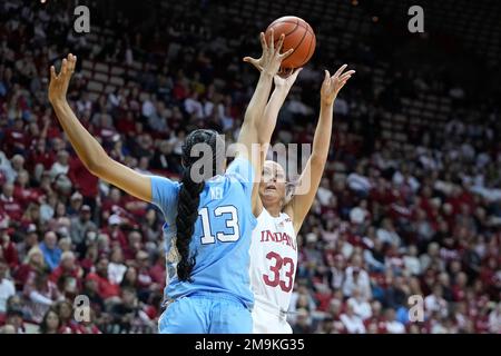 Indiana's Sydney Parrish (33) shoots over North Carolina's Destiny ...