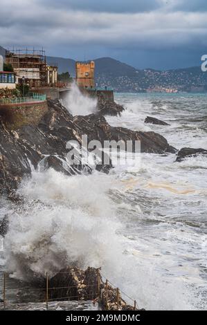 Waves on the promenade on the cliffs of Nervi, in the outskirts of ...
