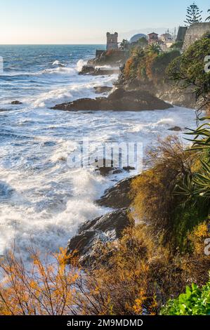 Waves on the promenade on the cliffs of Nervi, in the outskirts of ...