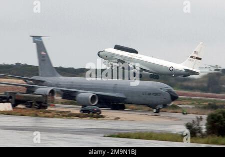 An NKC-135 'Big Crow' ECM aircraft takes off from a forward base while ...