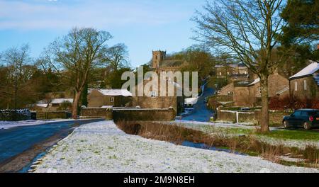 A view of Downham village on a cold winters day, Downham, Clitheroe ...