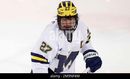 Michigan's Nolan Moyle plays during an NCAA hockey game on Friday, Oct ...