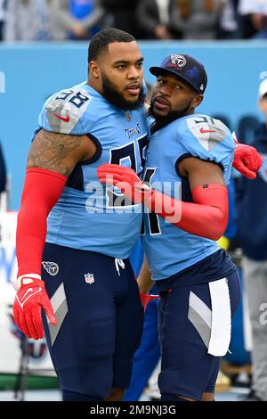 Tennessee Titans defensive tackle Jeffrey Simmons shares a laugh with ...