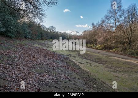 View along part of the historic banked race track at Brooklands, Surrey ...