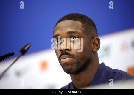 France's Ousmane Dembele attends a press conference at the Jassim Bin ...