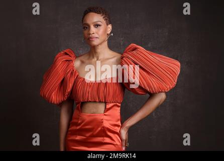 Shinelle Azoroh, from the Apple TV+ television series "Swagger," poses ...