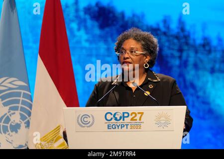 Prime Minister of Barbados Mia Mottley speaking during the opening ceremony for the Cop26 summit ...
