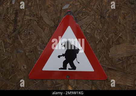 Traffic sign crossing troll at Senjatrollet on Norway's second largest ...