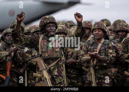 Members of the Kenya Defence Forces (KDF) take part in a flag-handover ceremony, ahead of a ...