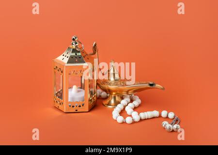 Aladdin lamp of wishes, Muslim lantern, Koran and prayer beads for ...