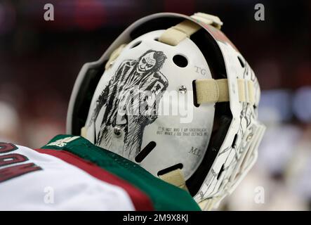 The back of the helmet of Arizona Coyotes goaltender Connor Ingram (39 ...