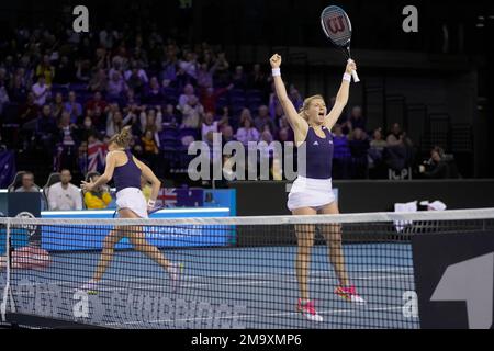 Storm Sanders, right, and Samantha Stosur of Australia return a ball to ...
