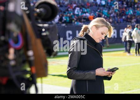 NFL Network sideline reporter Stacey Da reports before an NFL football ...