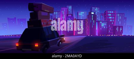Car with baggage driving road to big city at night. Cartoon vector ...