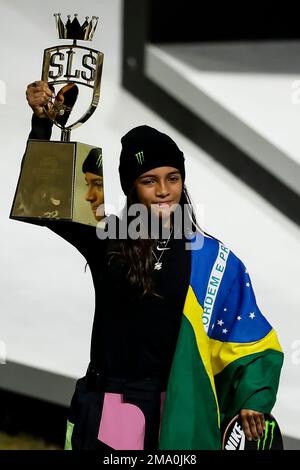 Rayssa Leal of Brazil holds the trophy after winning the Street League Skateboarding, SLS, Super ...