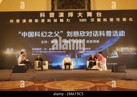 (FILE) Hugo Award winner Liu Cixin and Yao Haijun, editor-in-chief of ...