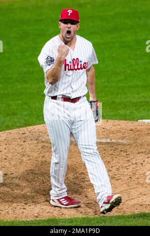 Philadelphia Phillies' Andrew Bellatti reacts during a baseball game ...