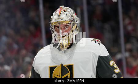 Vegas Golden Knights goaltender Logan Thompson (36) during an NHL ...