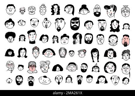 Doodle cute faces set. Hand-drawn outline people isolated on white ...