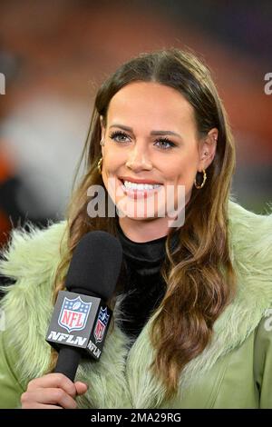 Bridget Condon, an NFL Network sideline reporter, talks before a ...