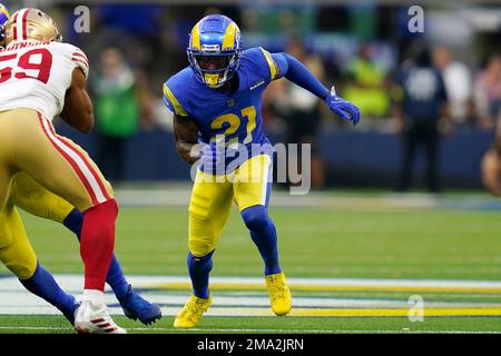 Los Angeles Rams safety Russ Yeast lines up during the first half of a ...