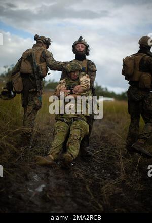 An Australian Army soldier, roleplaying as a friendly casualty, is ...