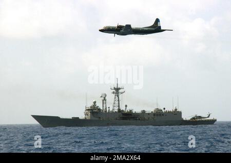 An overhead port side view of the guided missile frigate USS FLATLEY ...