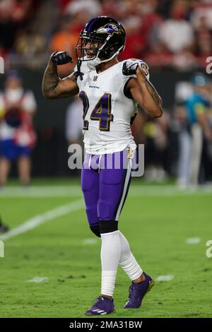 Baltimore Ravens cornerback Marcus Peters (24) reacts with defensive ...
