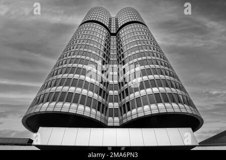 BMW Museum and BMW Tower, black and white photo, Munich, Bavaria ...