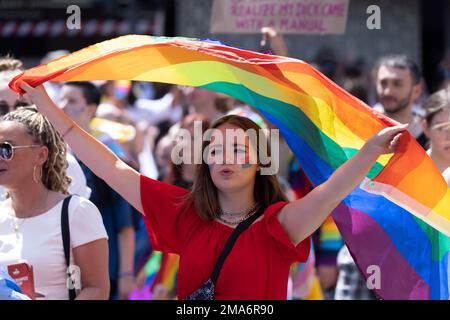 Woman with rainbow flag at the CSD Parade Cologne, North Rhine ...