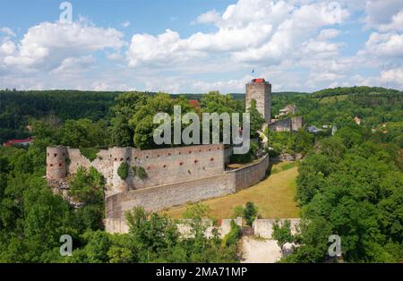 Aerial view, Pappenheim Castle, built around 1140, Spornburg, one of ...