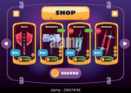 Rpg game shop menu panel with medieval weapon, swords, axe and shields in metal frames. Cartoon ...
