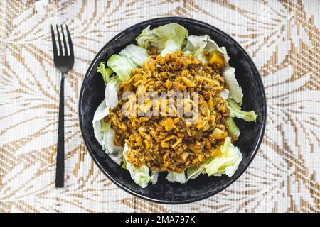 plant-based san choy bau with soy mince and shredded lettuce, healthy ...
