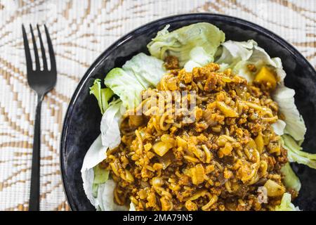 plant-based san choy bau with soy mince and shredded lettuce, healthy ...