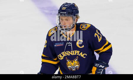 Quinnipiac defenseman Zach Metsa (23) during an NCAA hockey game ...