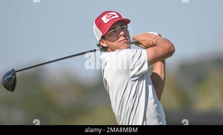 Arkansas golfer Manuel Lozada on the 13th tee during an NCAA golf ...