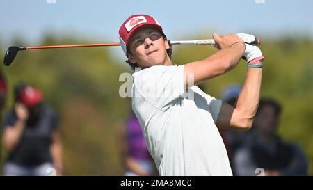 Arkansas golfer Manuel Lozada on the 13th tee during an NCAA golf ...