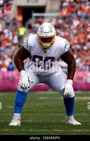Los Angeles Chargers guard Jamaree Salyer (68) lines up against the Las ...