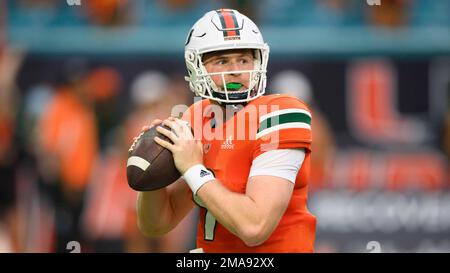 Miami quarterback Tyler Van Dyke (9) stands back to pass during the ...